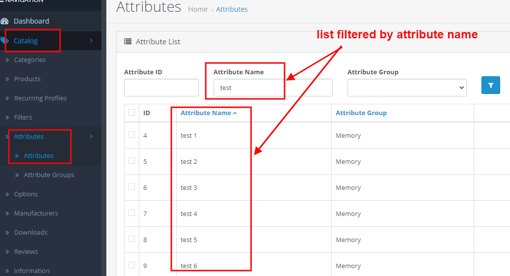 OpenCart - Admin Attributes List Filter