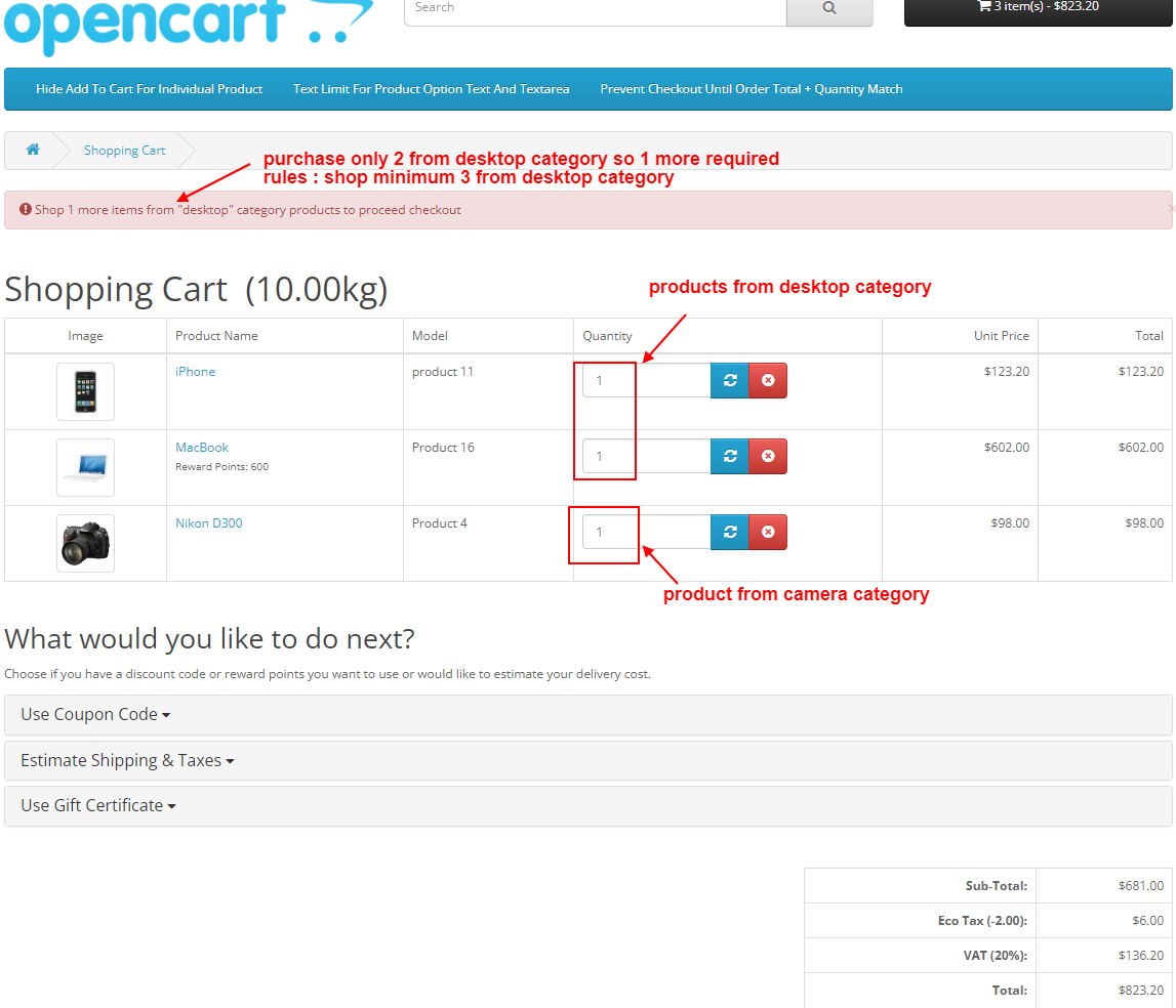 OpenCart - Prevent Checkout Until Order Total + Quantity Match