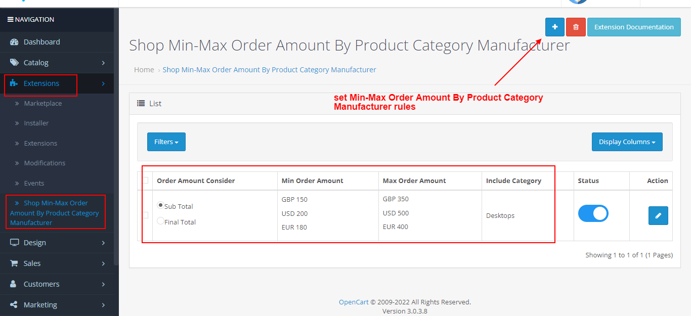 OpenCart - Shop Min-Max Order Amount By Product Category Manufacturer