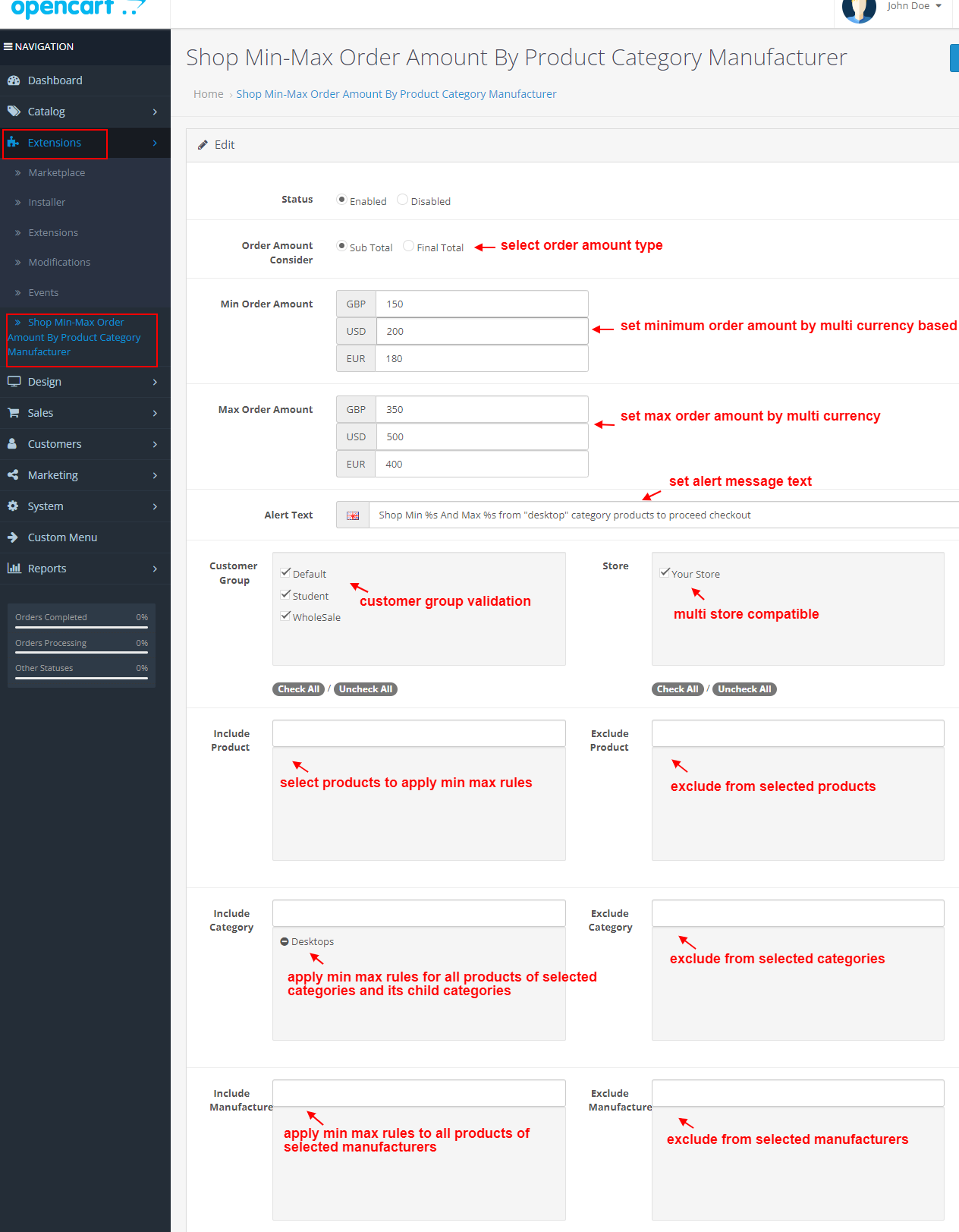 OpenCart - Shop Min-Max Order Amount By Product Category Manufacturer
