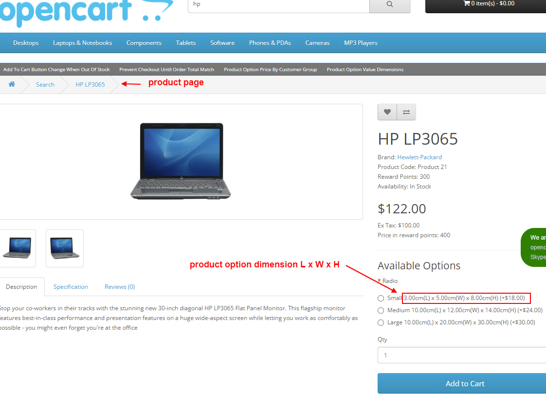 OpenCart - Product Option Value Dimensions