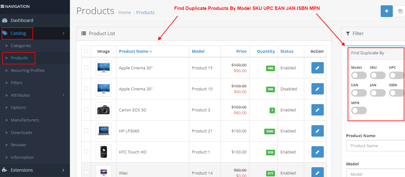 OpenCart - Find Duplicate Products By Model SKU UPC EAN JAN ISBN MPN