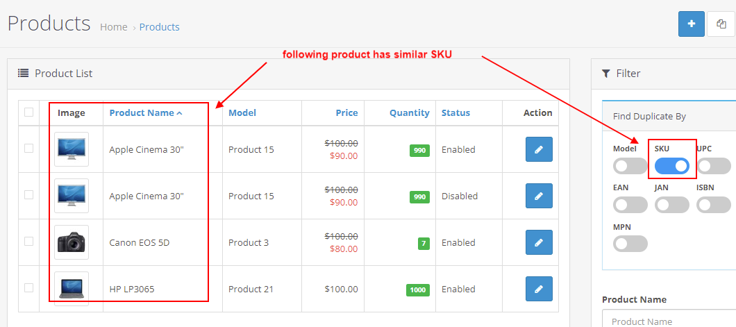 OpenCart - Find Duplicate Products By Model SKU UPC EAN JAN ISBN MPN