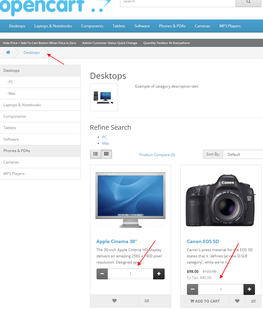 OpenCart - Quantity Textbox At Everywhere