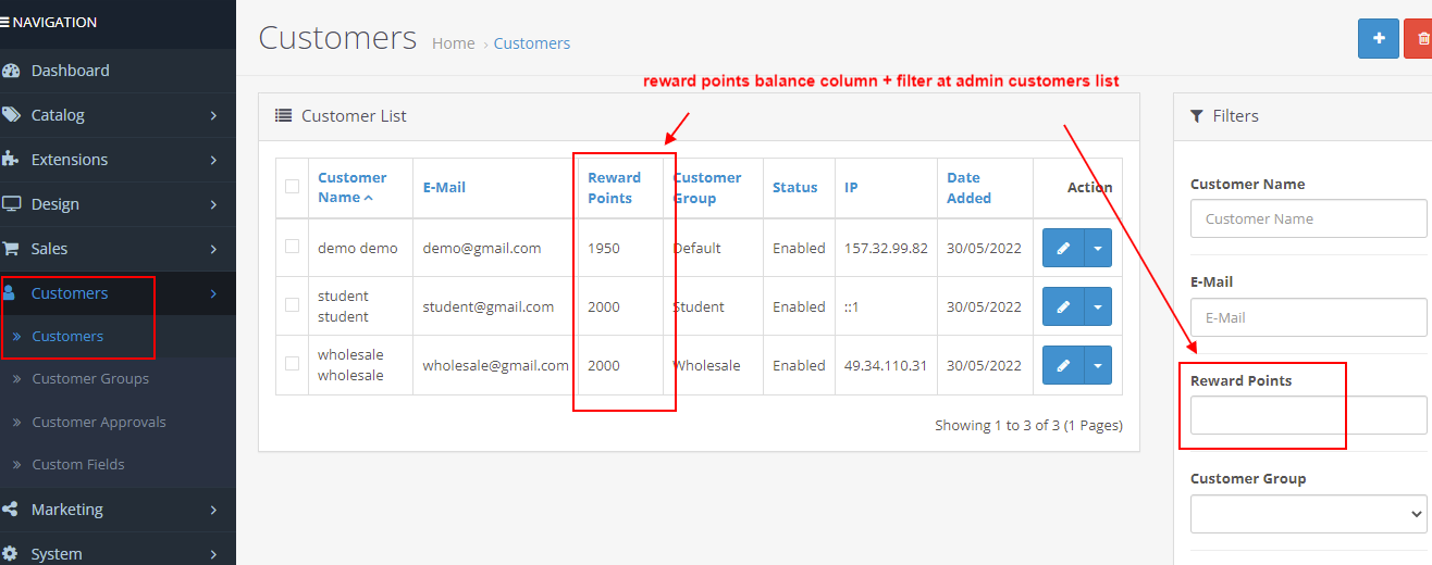 OpenCart - Reward Points Column + Filter At Admin Customer List