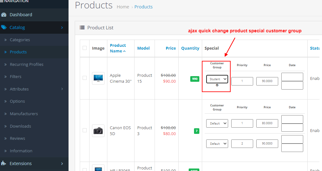 OpenCart - Special Price Quick Change At Admin Product List