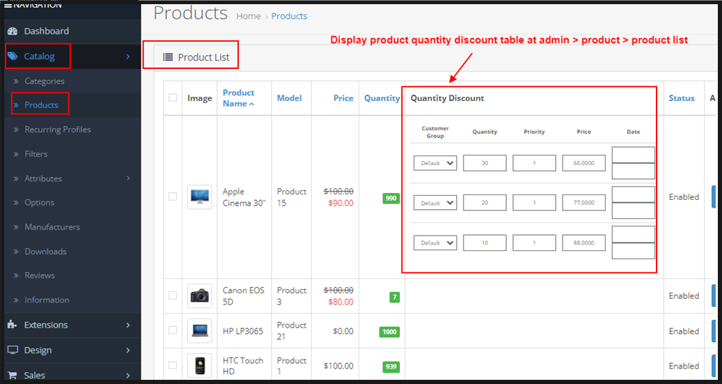 OpenCart - Quantity Discount Quick Change At Admin Product List