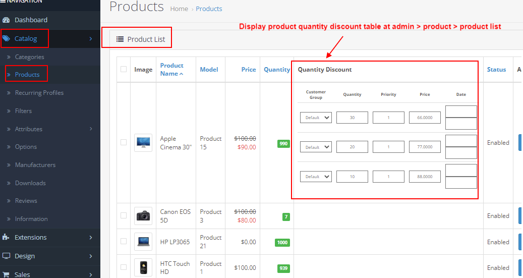 OpenCart - Quantity Discount Quick Change At Admin Product List