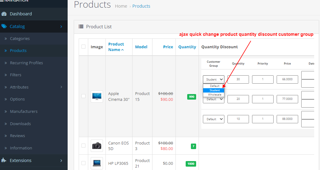 OpenCart - Quantity Discount Quick Change At Admin Product List