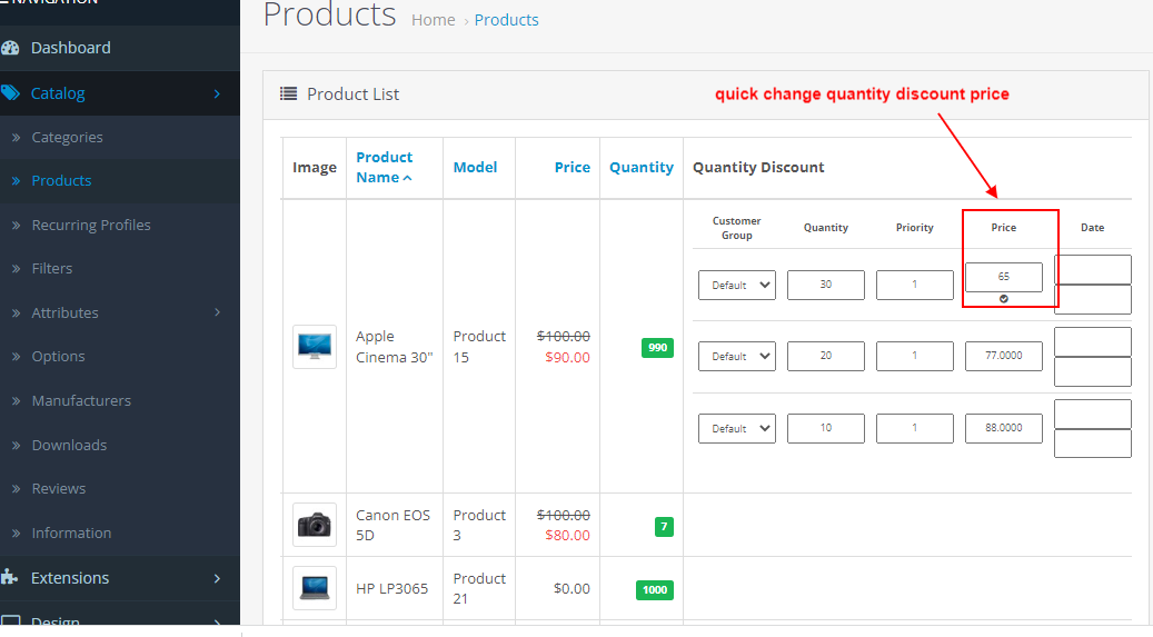 OpenCart - Quantity Discount Quick Change At Admin Product List