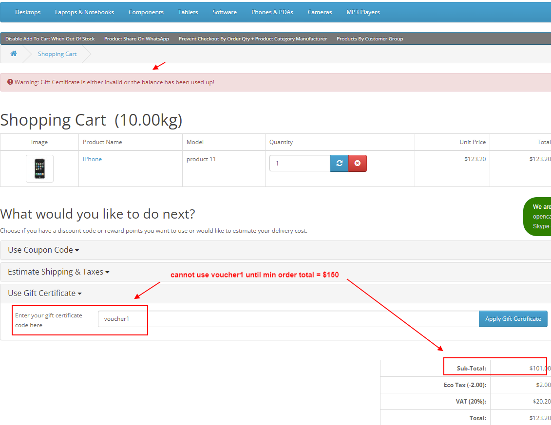 OpenCart - Min Order Total Validation At Gift Voucher