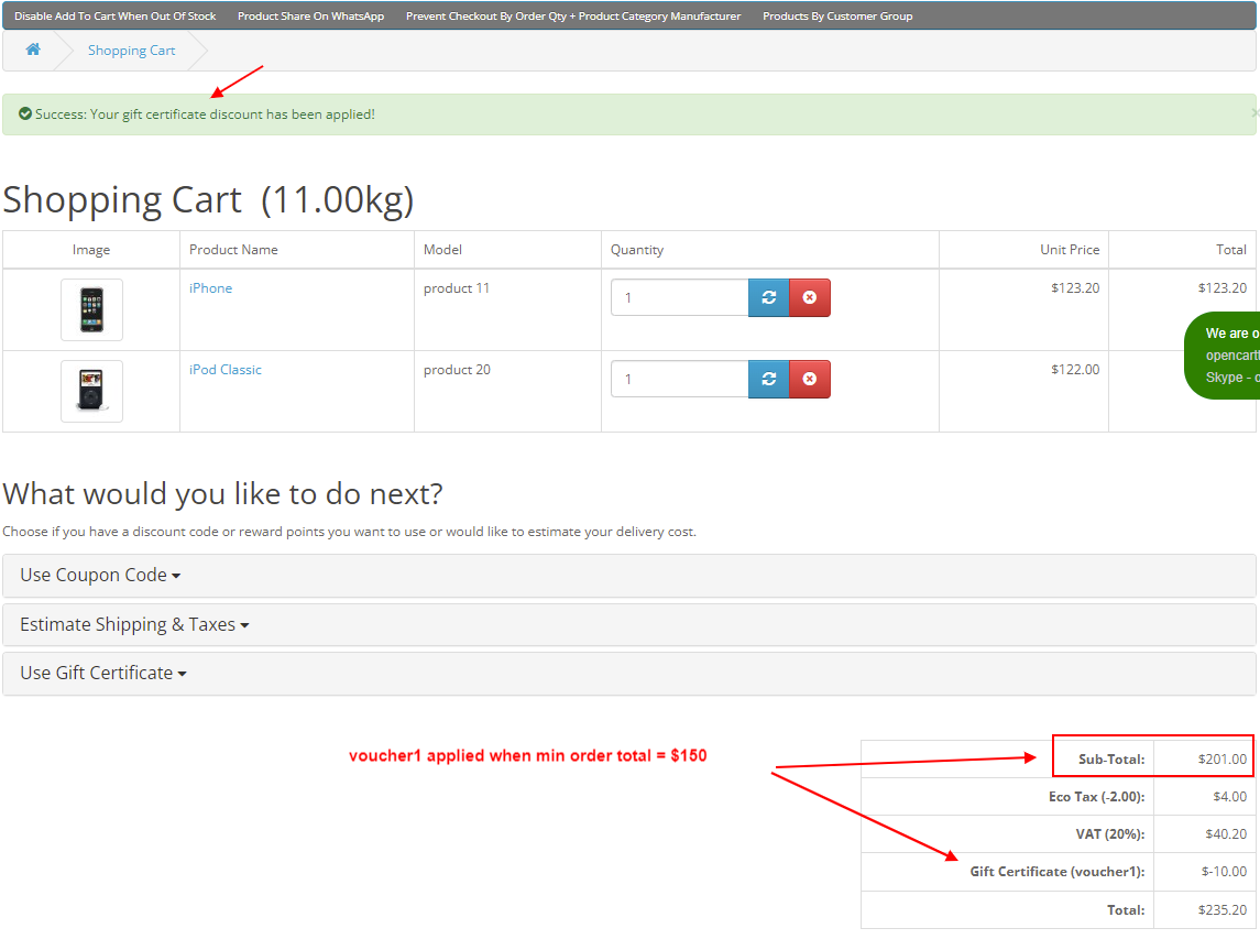 OpenCart - Min Order Total Validation At Gift Voucher