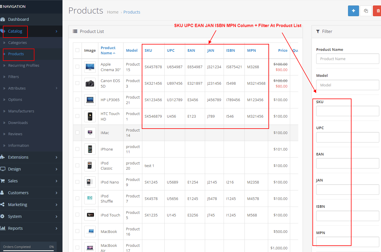 OpenCart - SKU UPC EAN JAN ISBN MPN Column+Filter At Product List
