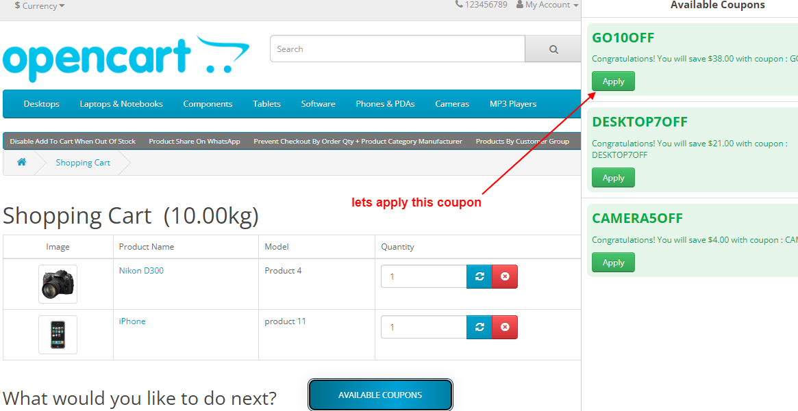 OpenCart - Available Coupons At Cart And Checkout
