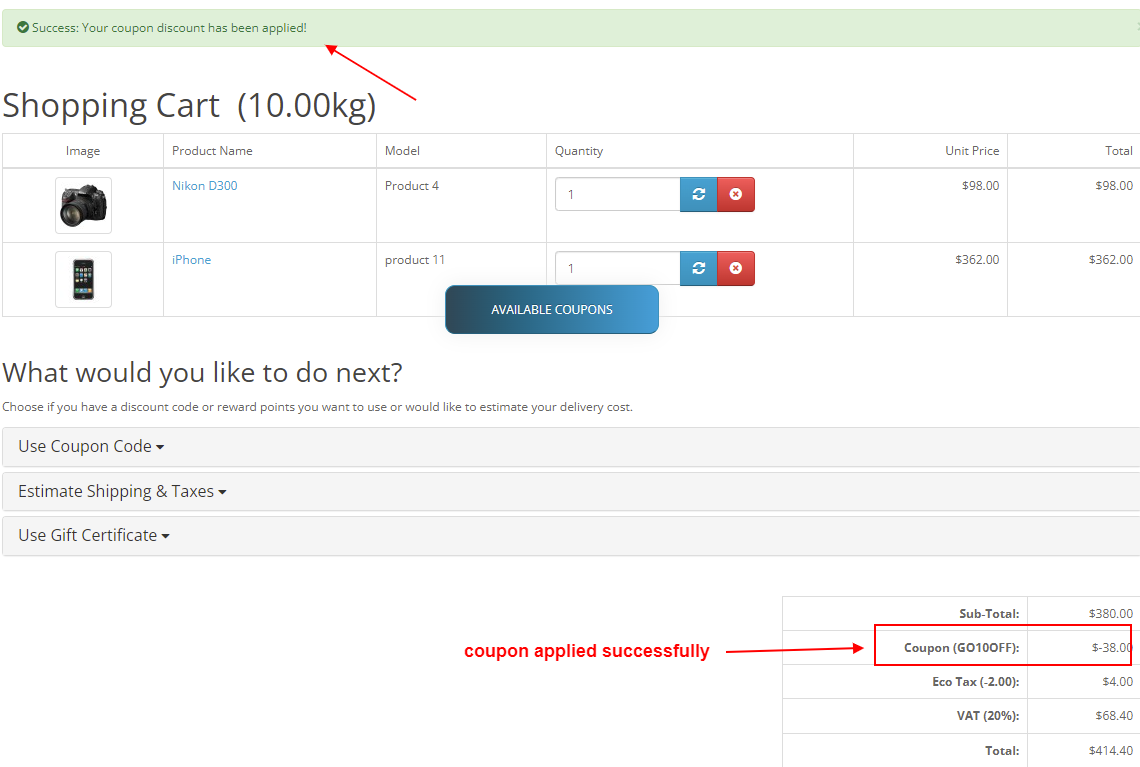 OpenCart - Available Coupons At Cart And Checkout