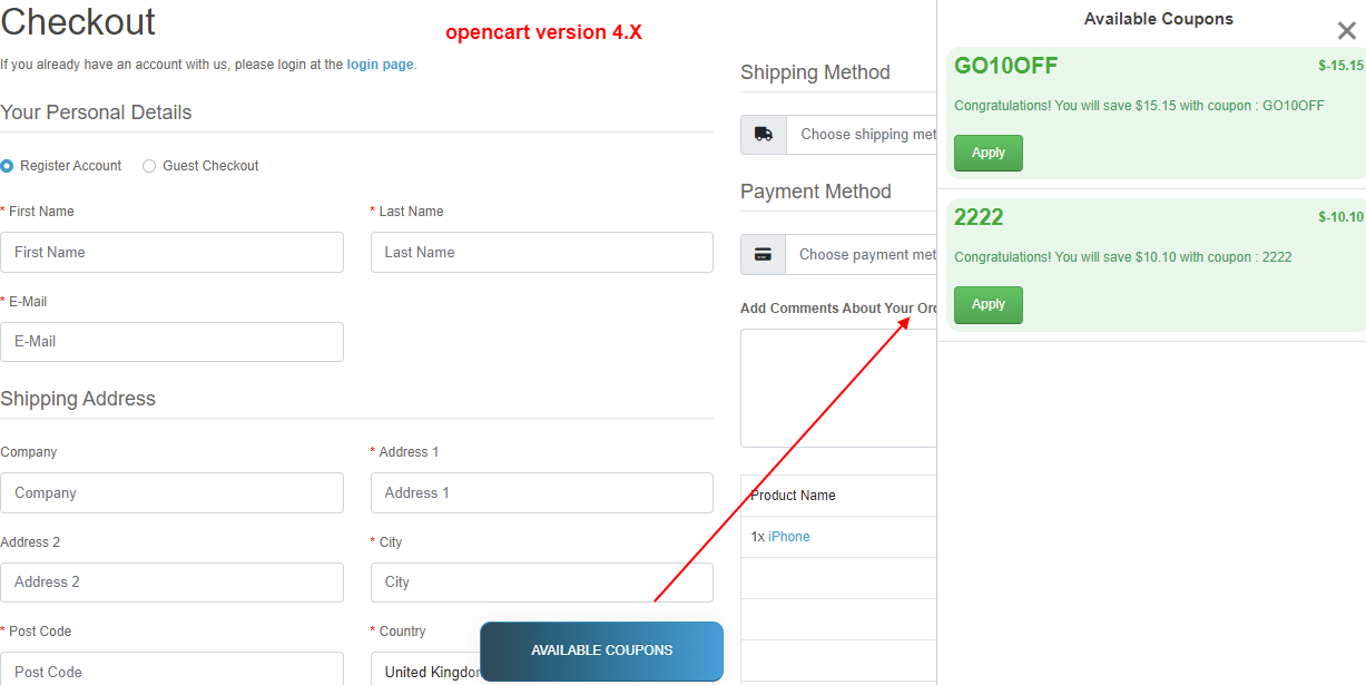 OpenCart - Available Coupons At Cart And Checkout