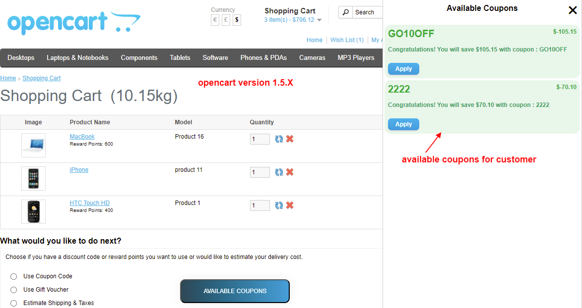 OpenCart - Available Coupons At Cart And Checkout