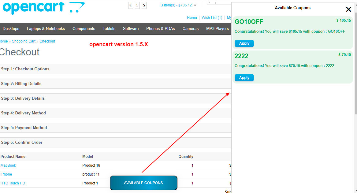 OpenCart - Available Coupons At Cart And Checkout