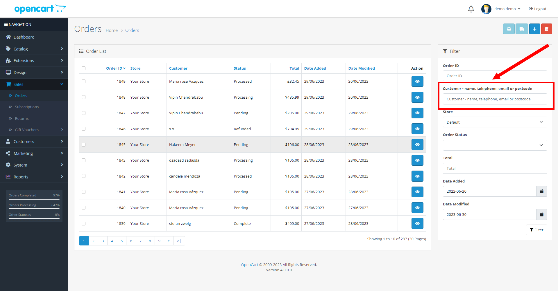 OpenCart - Order Search Filter by Telephone, Email or Postcode