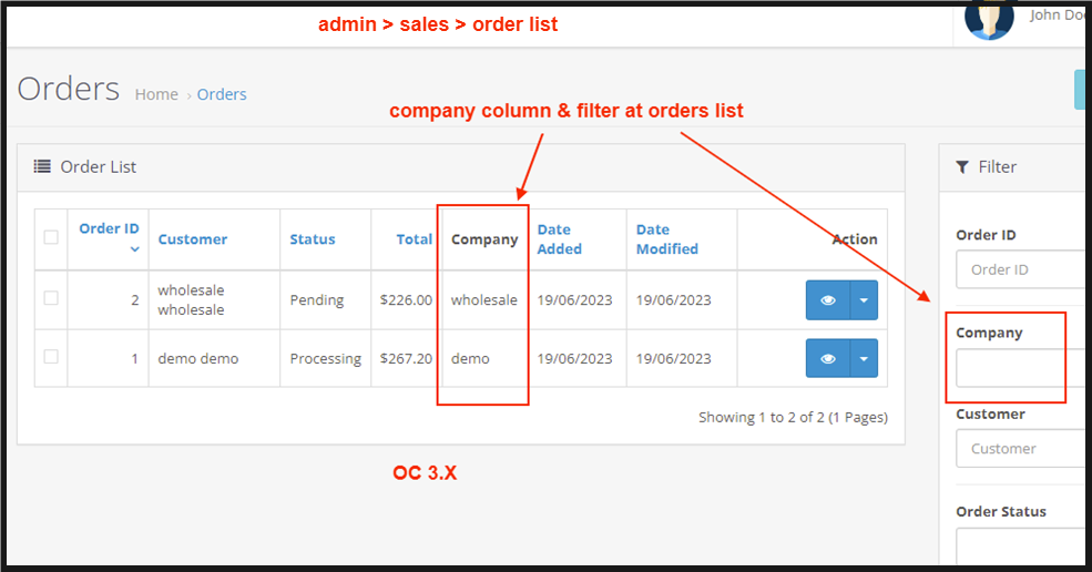 OpenCart - Company Column + Filter At Admin Order List