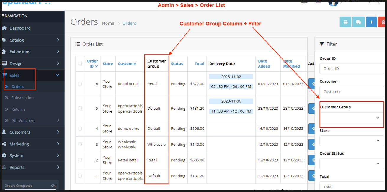 OpenCart - Customer Group Column + Filter At Admin Order List