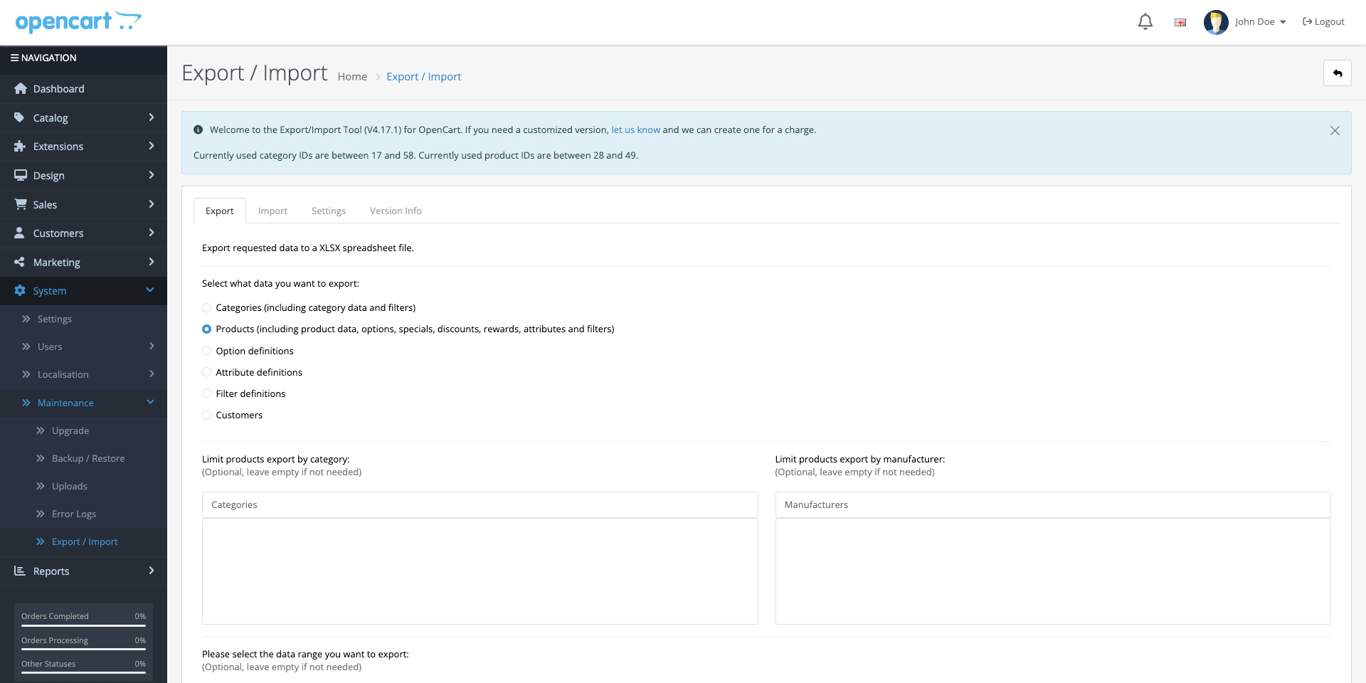 OpenCart - Premium Export/Import Tool