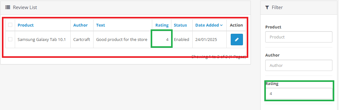 OpenCart - Review List Filter By Text And Rating