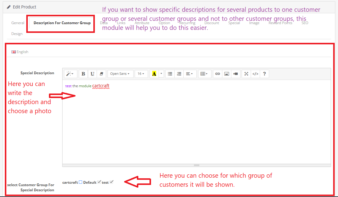 OpenCart - Customer Group Descriptions Special