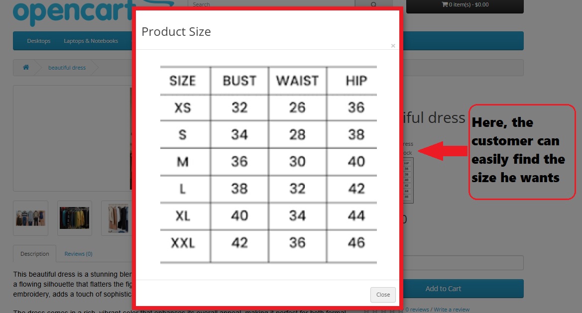 OpenCart - Size Guide For The Product