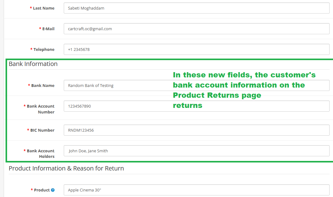 OpenCart - Return Form - Bank Information