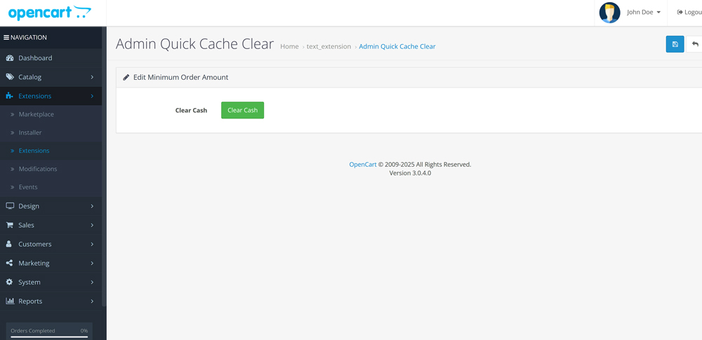 OpenCart - Admin Quick Cache Clear