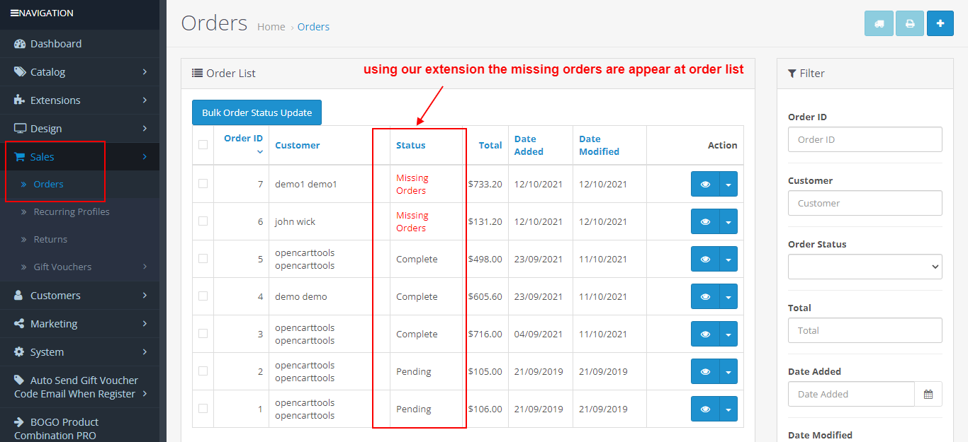 OpenCart - Show Missing Orders